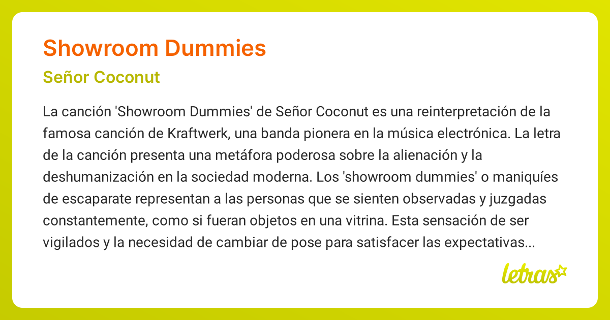 Significado de la canción SHOWROOM DUMMIES (Señor Coconut) - LETRAS.COM