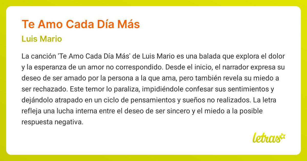 Significado de la canción TE AMO CADA DÍA MÁS (Luis Mario) - LETRAS.COM