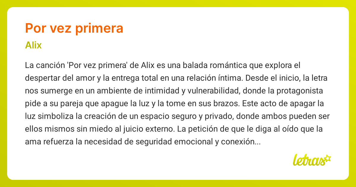 Significado de la canción POR VEZ PRIMERA (Alix) - LETRAS.COM