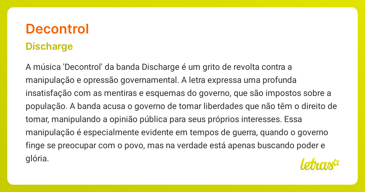 Significado da música DECONTROL (Discharge) - LETRAS.MUS.BR