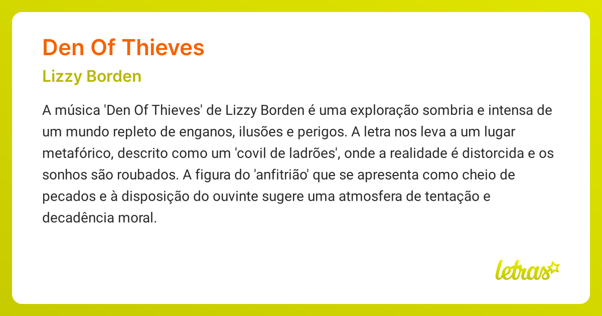 Significado da música DEN OF THIEVES (Lizzy Borden) - LETRAS.MUS.BR
