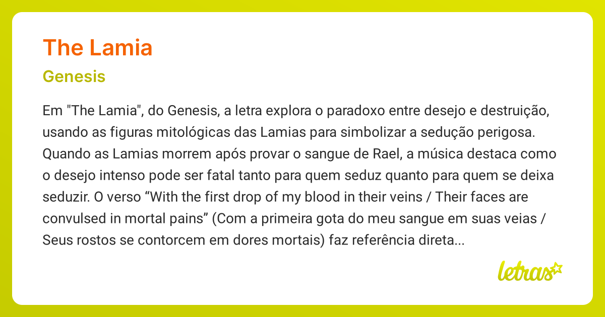 Significado da música THE LAMIA (Genesis) - LETRAS.MUS.BR