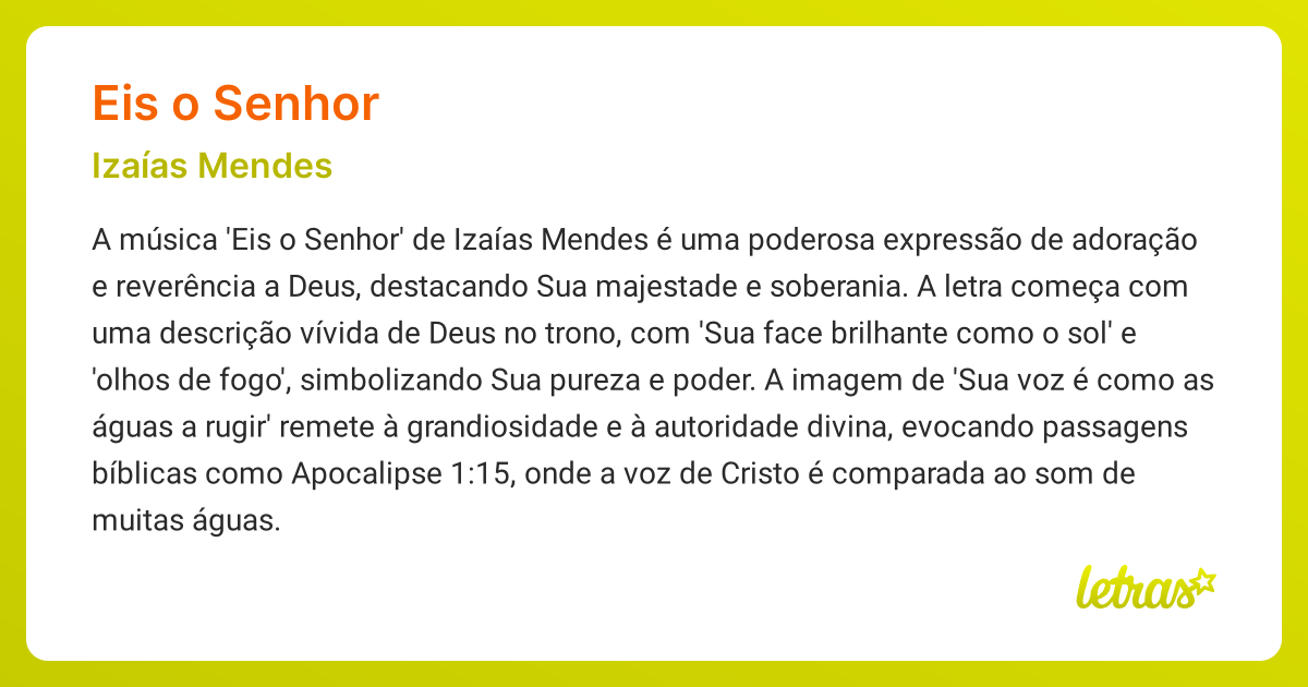 Significado da música EIS O SENHOR (Izaías Mendes) - LETRAS.MUS.BR