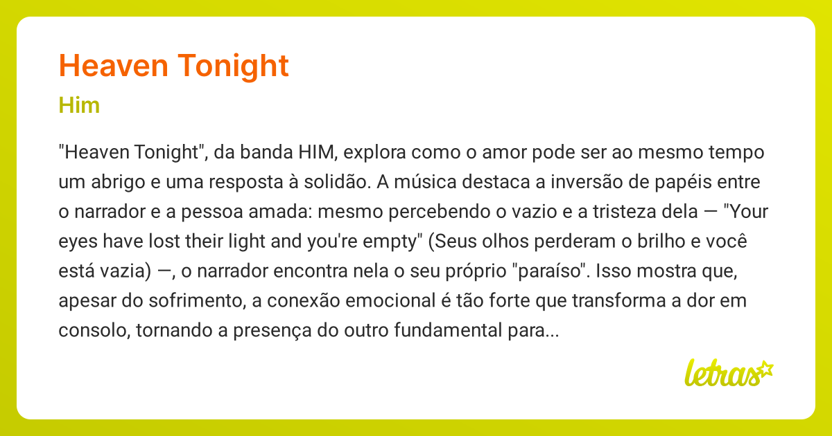 Significado da música HEAVEN TONIGHT (Him) - LETRAS.MUS.BR