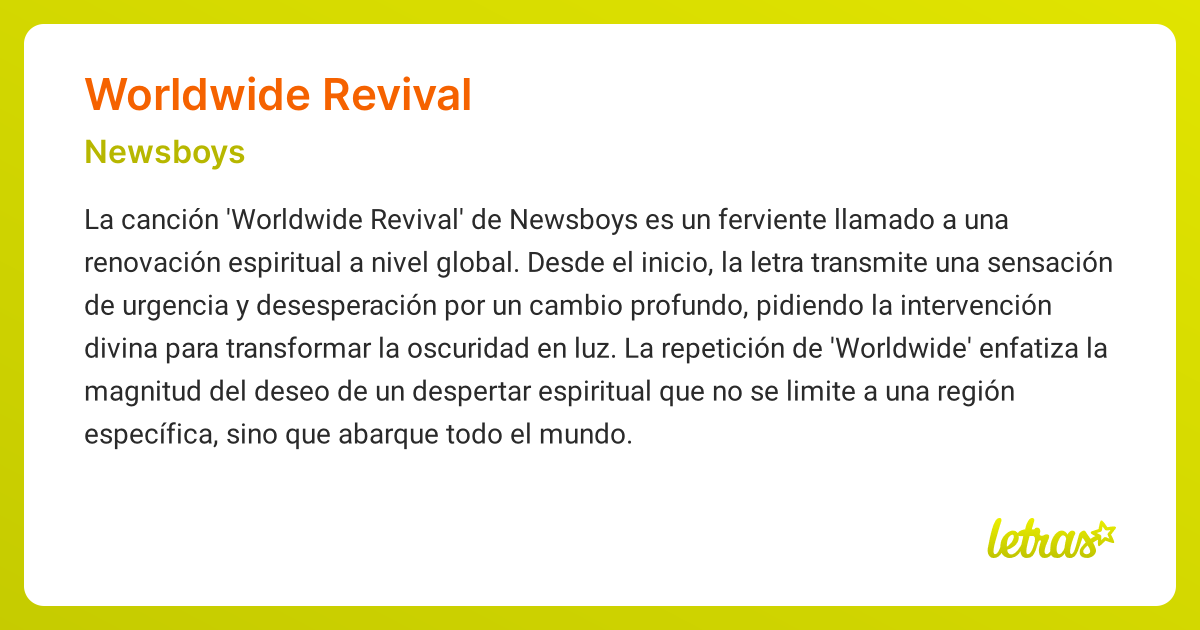 Significado de la canción WORLDWIDE REVIVAL (Newsboys) - LETRAS.COM