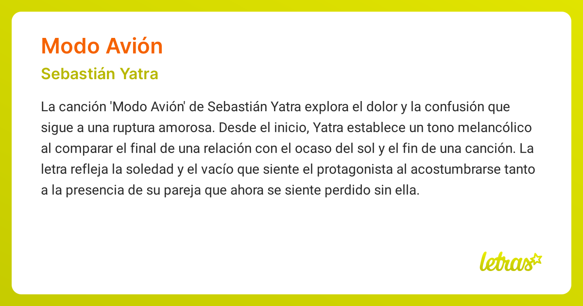 Significado de la canción MODO AVIÓN (Sebastián Yatra) - LETRAS.COM