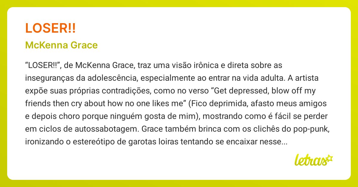 Significado da música LOSER!! (McKenna Grace) - LETRAS.MUS.BR