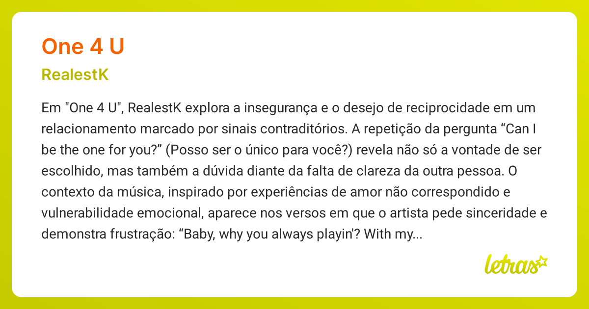 Significado da música ONE 4 U (RealestK) - LETRAS.MUS.BR