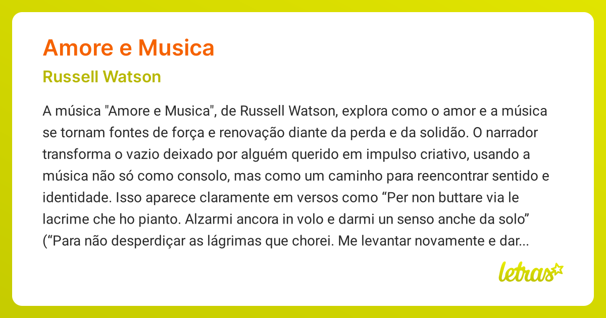Significado da música AMORE E MUSICA (Russell Watson) - LETRAS.MUS.BR