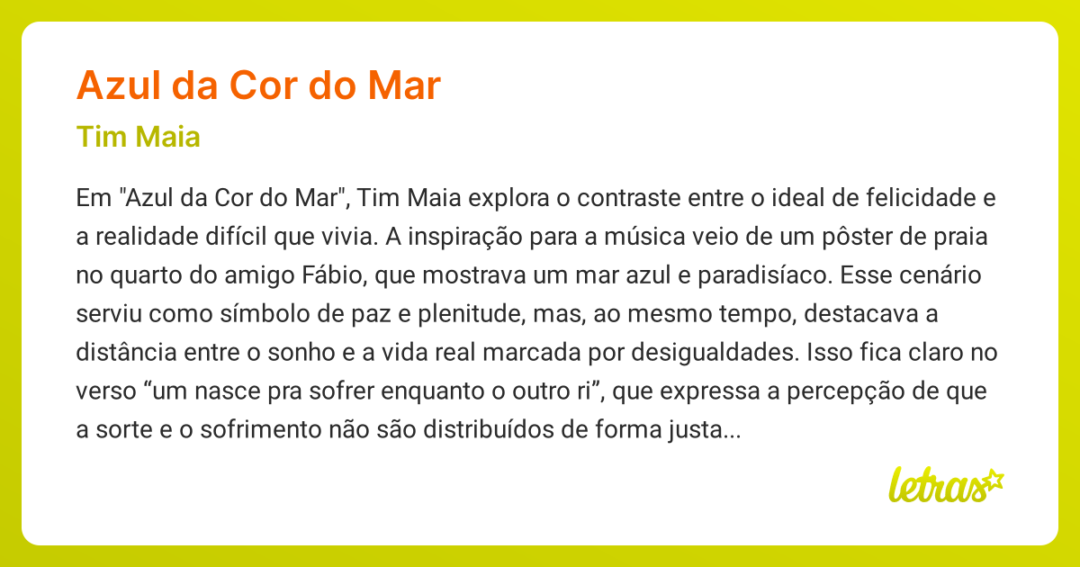 Significado da música AZUL DA COR DO MAR (Tim Maia) - LETRAS.MUS.BR