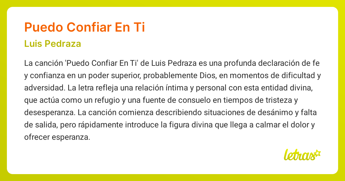 Significado de la canción PUEDO CONFIAR EN TI (Luis Pedraza) - LETRAS.COM