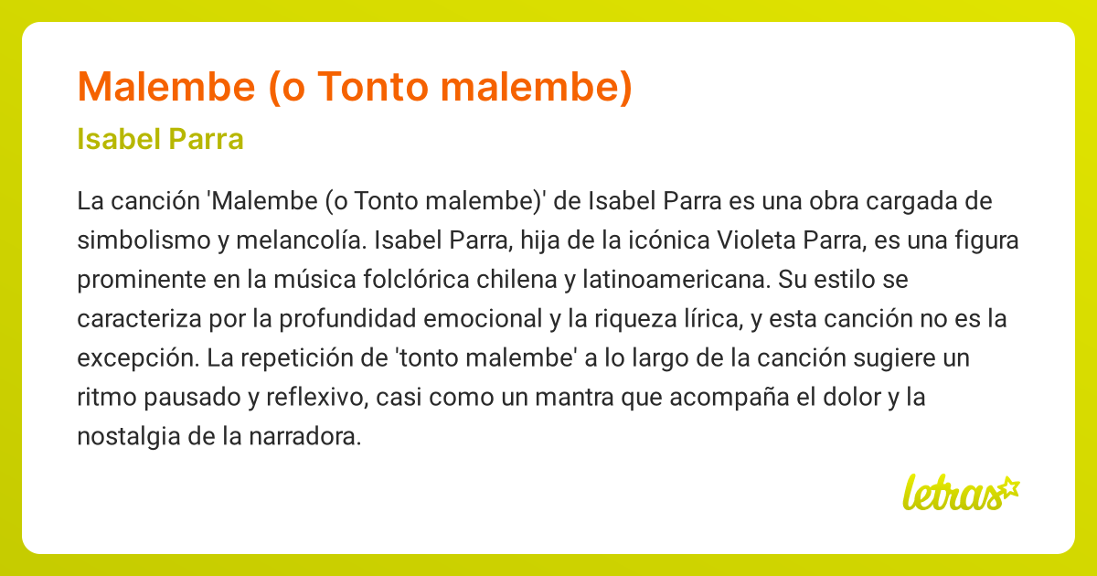 Significado de la canción MALEMBE (O TONTO MALEMBE) (Isabel Parra ...