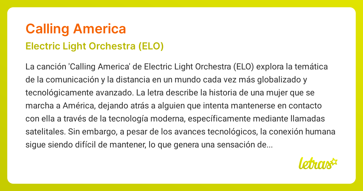 Significado de la canción CALLING AMERICA (Electric Light Orchestra (ELO)) - LETRAS.COM