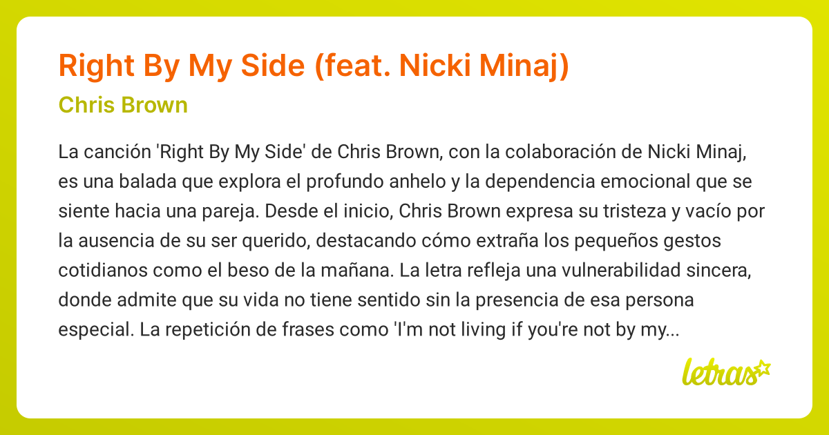 Significado de la canción Right By My Side (feat. Nicki Minaj) (Chris ...