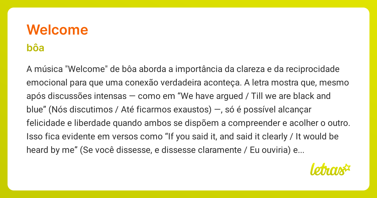 Significado da música WELCOME (bôa) - LETRAS.MUS.BR