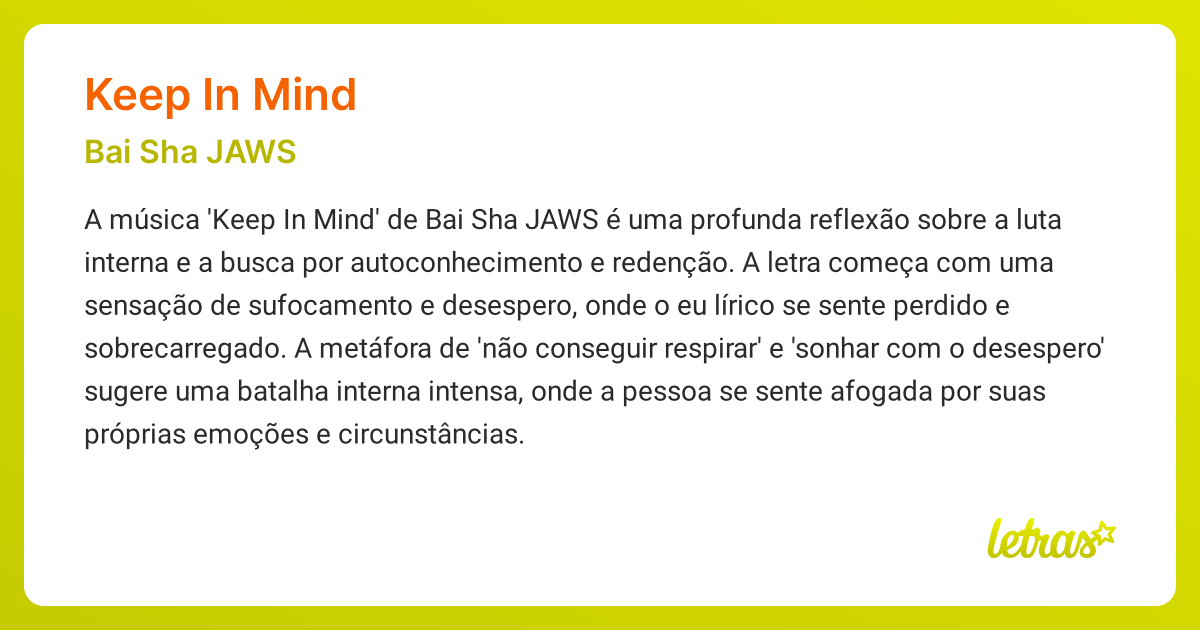 Significado da música KEEP IN MIND (Bai Sha JAWS) - LETRAS.MUS.BR