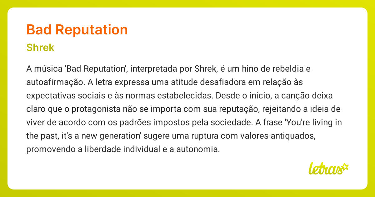 Significado da música BAD REPUTATION (Shrek) - LETRAS.MUS.BR