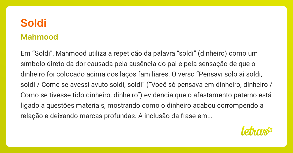 Significado da música SOLDI (Mahmood) - LETRAS.MUS.BR