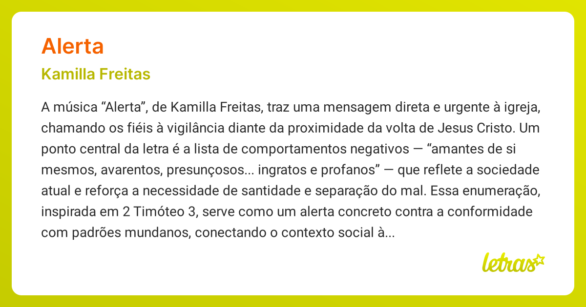 Significado da música ALERTA (Kamilla Freitas) - LETRAS.MUS.BR