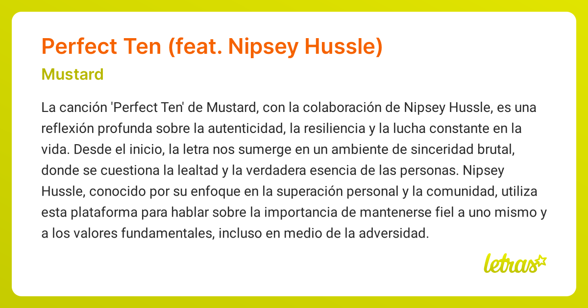 Significado de la canción Perfect Ten (feat. Nipsey Hussle) (Mustard ...