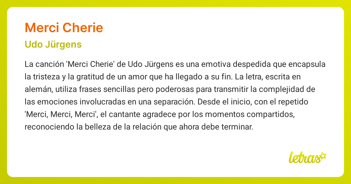 Significado de la canción MERCI CHERIE (Udo Jürgens) - LETRAS.COM