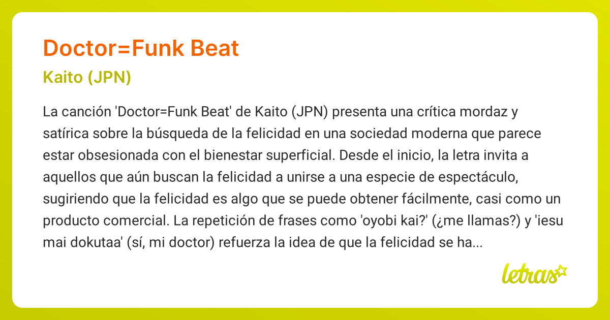 Significado de la canción DOCTOR=FUNK BEAT (Kaito (JPN)) - LETRAS.COM