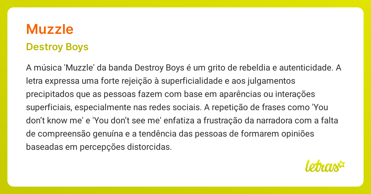 Significado da música MUZZLE (Destroy Boys) - LETRAS.MUS.BR