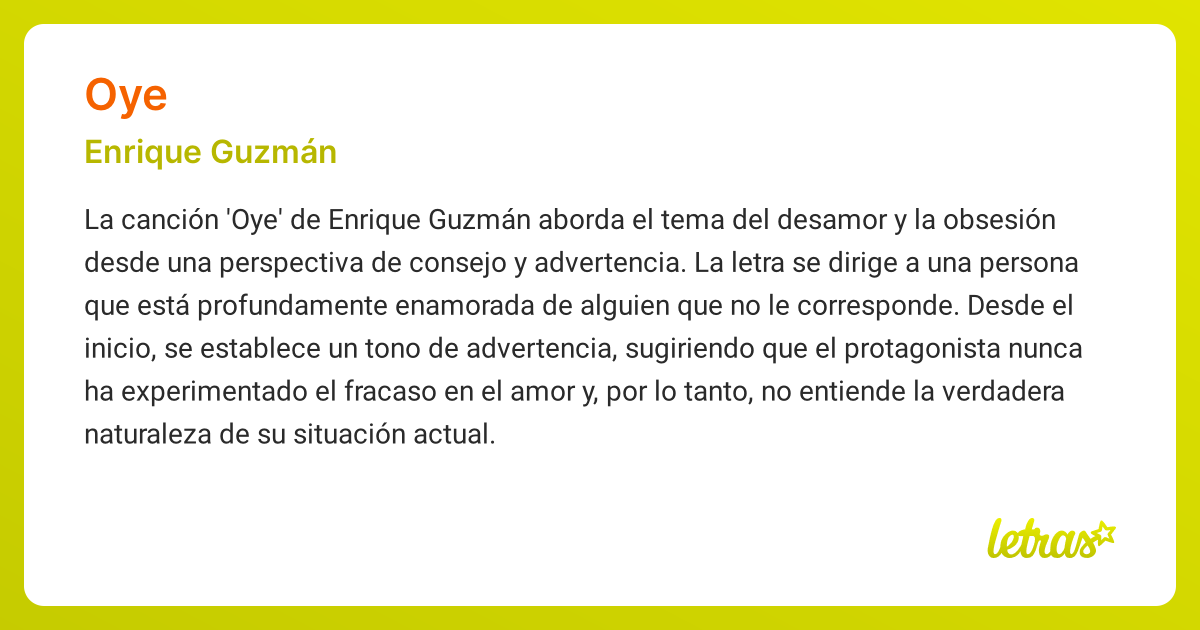 Significado de la canción OYE (Enrique Guzmán) - LETRAS.COM