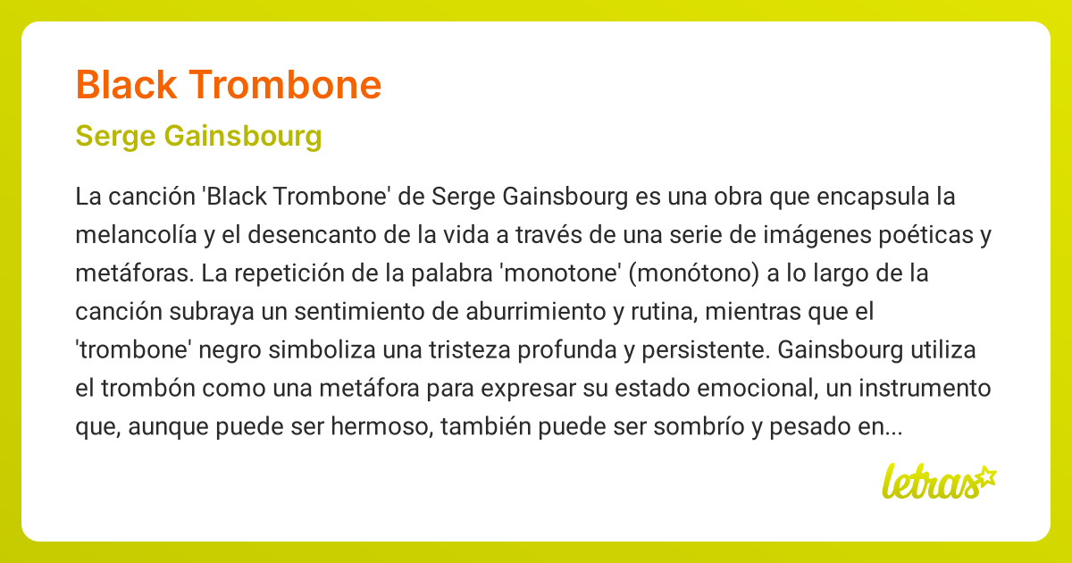 Significado de la canción BLACK TROMBONE (Serge Gainsbourg) - LETRAS.COM