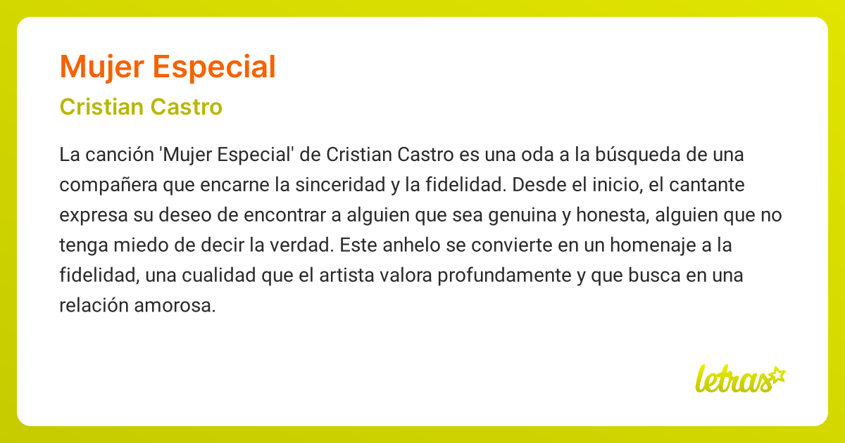 Significado de la canción MUJER ESPECIAL (Cristian Castro) - LETRAS.COM
