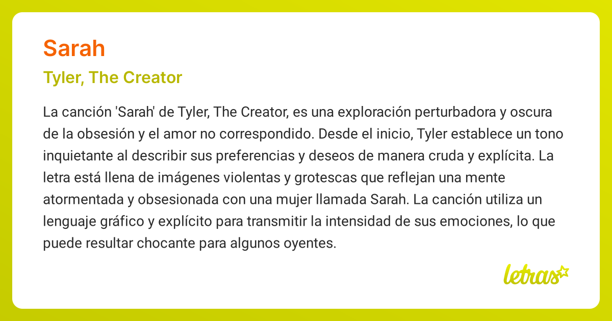 Significado de la canción SARAH (Tyler, The Creator) - LETRAS.COM