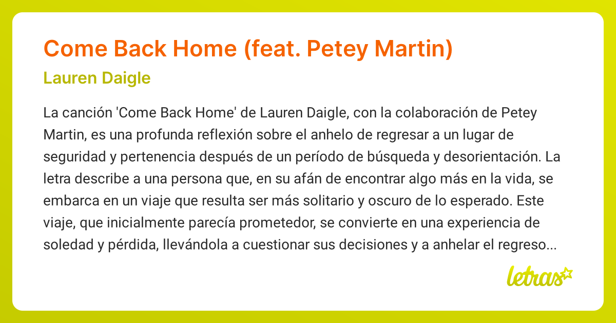 Significado de la canción Come Back Home (feat. Petey Martin) (Lauren ...
