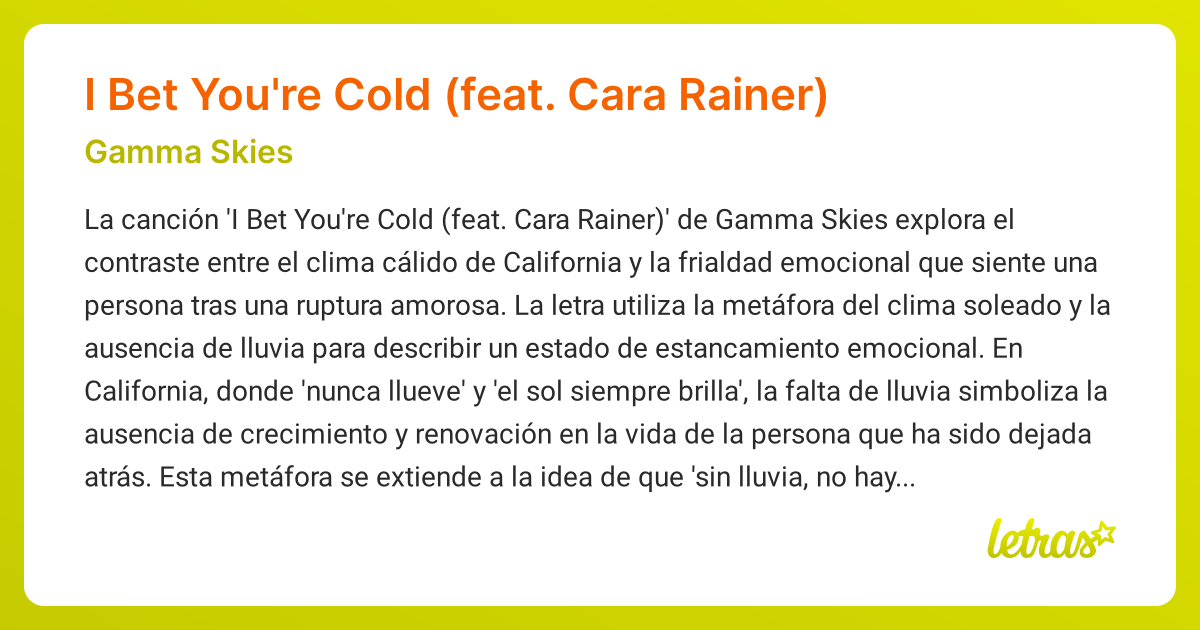 Significado de la canción I Bet You're Cold (feat. Cara Rainer) (Gamma ...