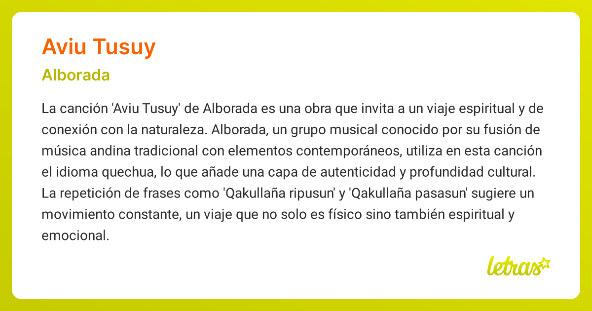 Significado de la canción AVIU TUSUY (Alborada) - LETRAS.COM