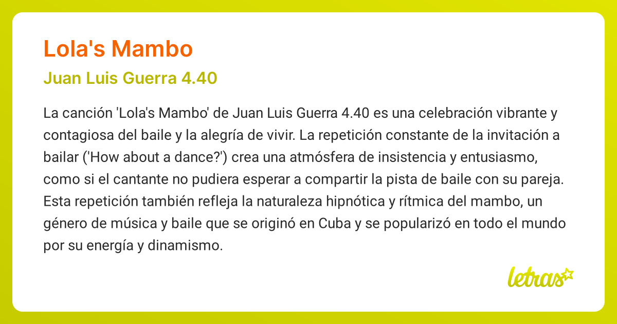 Significado de la canción LOLA'S MAMBO (Juan Luis Guerra 4.40) - LETRAS.COM