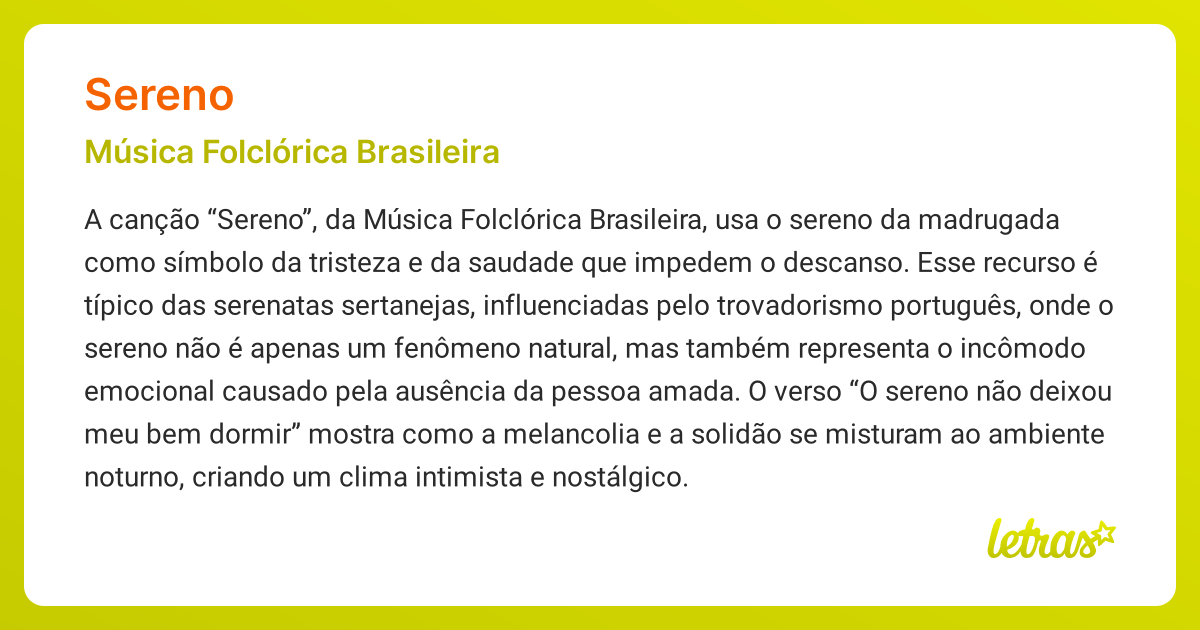 Significado da música SERENO (Música Folclórica Brasileira) - LETRAS.MUS.BR