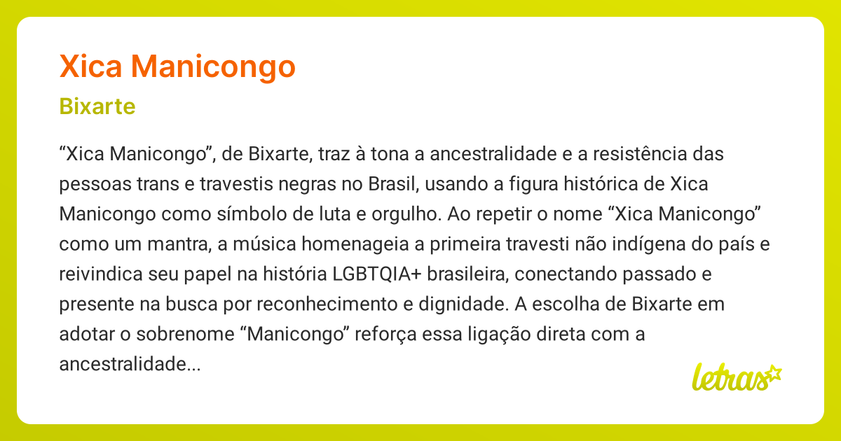 Significado da música XICA MANICONGO (Bixarte) - LETRAS.MUS.BR
