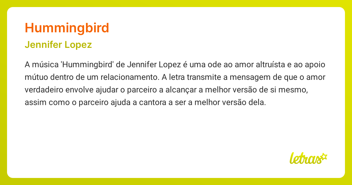 Significado da música HUMMINGBIRD (Jennifer Lopez) - LETRAS.MUS.BR