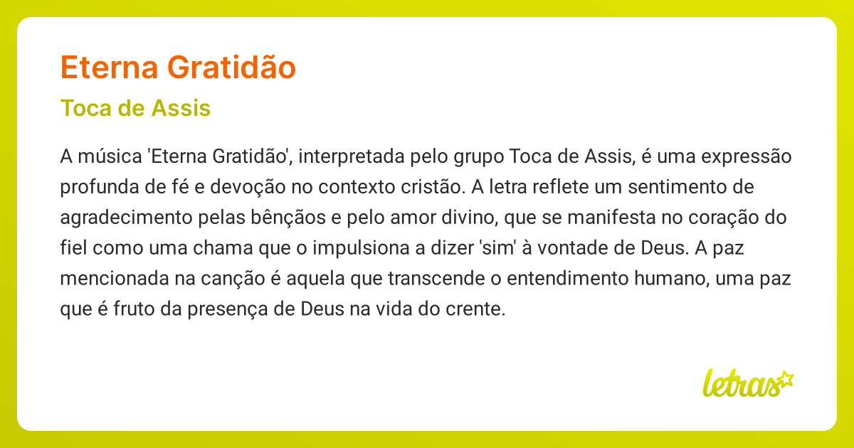 Significado da música ETERNA GRATIDÃO (Toca de Assis) - LETRAS.MUS.BR