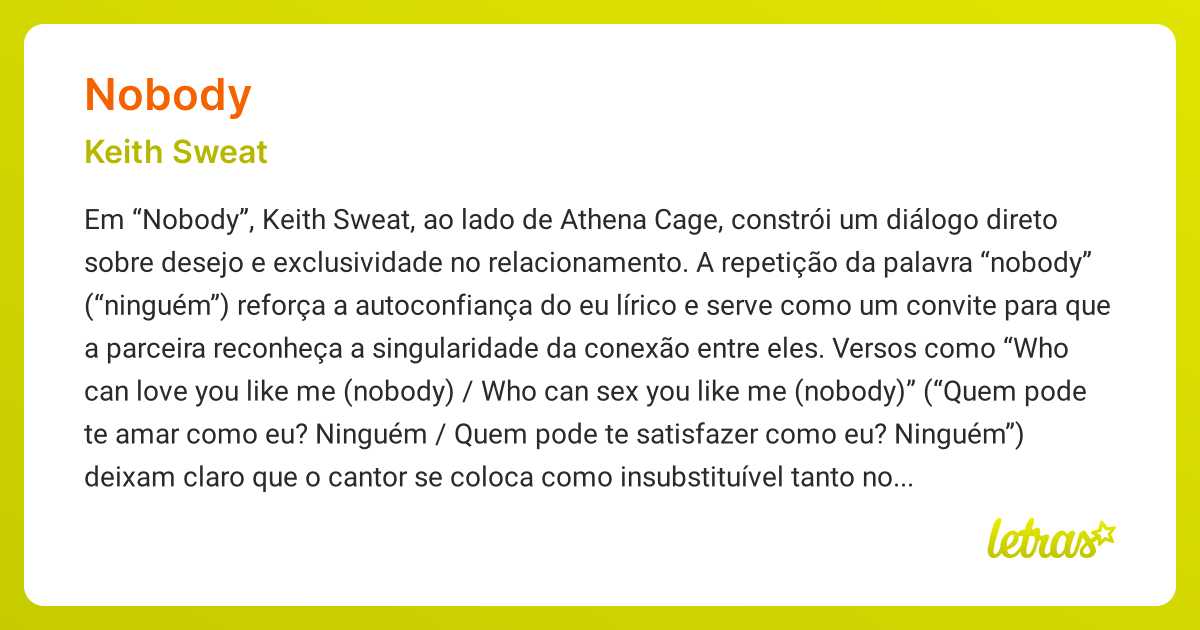 Significado da música NOBODY (Keith Sweat) - LETRAS.MUS.BR