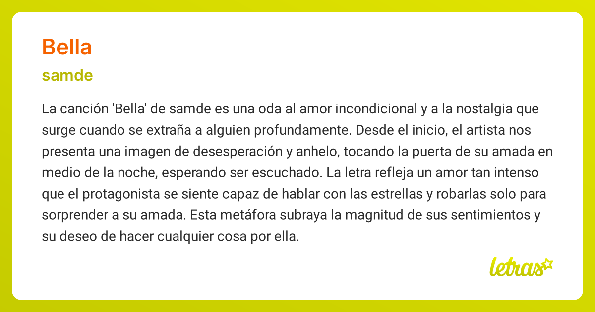 Significado de la canción BELLA (samde) - LETRAS.COM