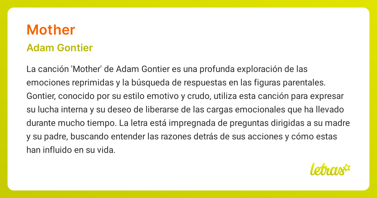Significado de la canción MOTHER (Adam Gontier) - LETRAS.COM