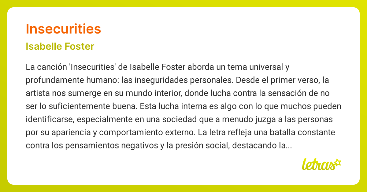Significado de la canción INSECURITIES (Isabelle Foster) - LETRAS.COM