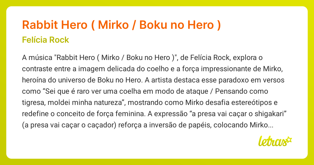 Significado da música Rabbit Hero ( Mirko / Boku no Hero ) (Felícia ...
