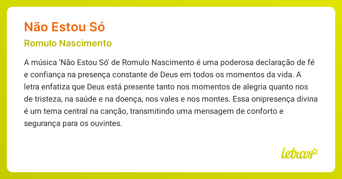Significado da música NÃO ESTOU SÓ (Romulo Nascimento) - LETRAS.MUS.BR