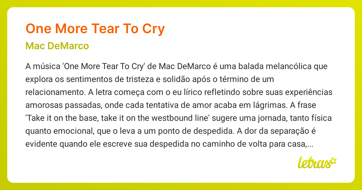 Significado da música ONE MORE TEAR TO CRY (Mac DeMarco) - LETRAS.MUS.BR