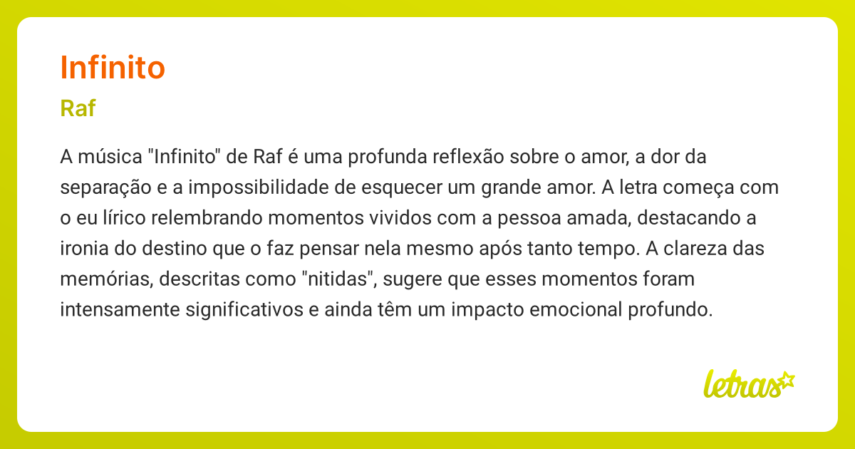 Significado da música INFINITO (Raf) - LETRAS.MUS.BR