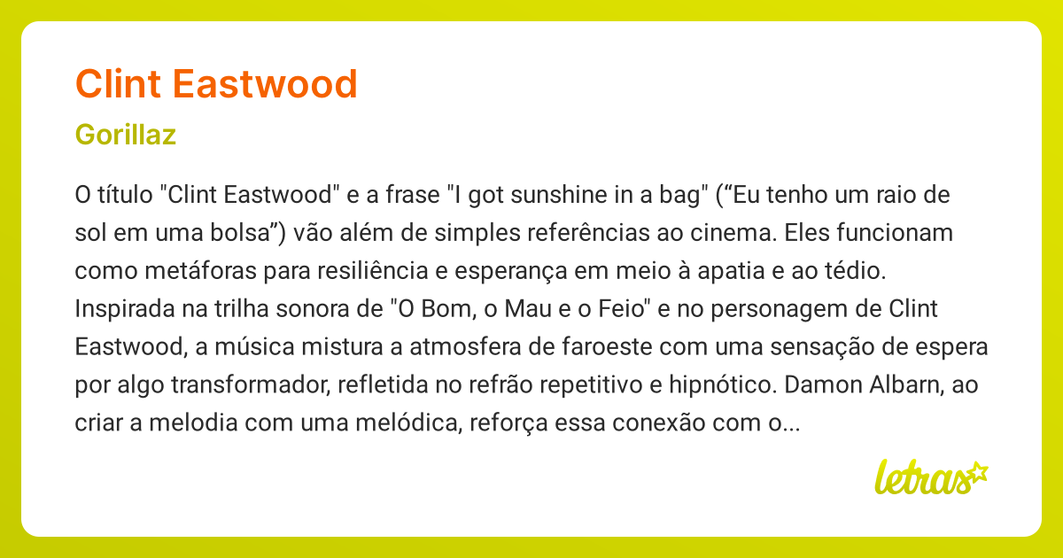 Significado da música CLINT EASTWOOD (Gorillaz) - LETRAS.MUS.BR