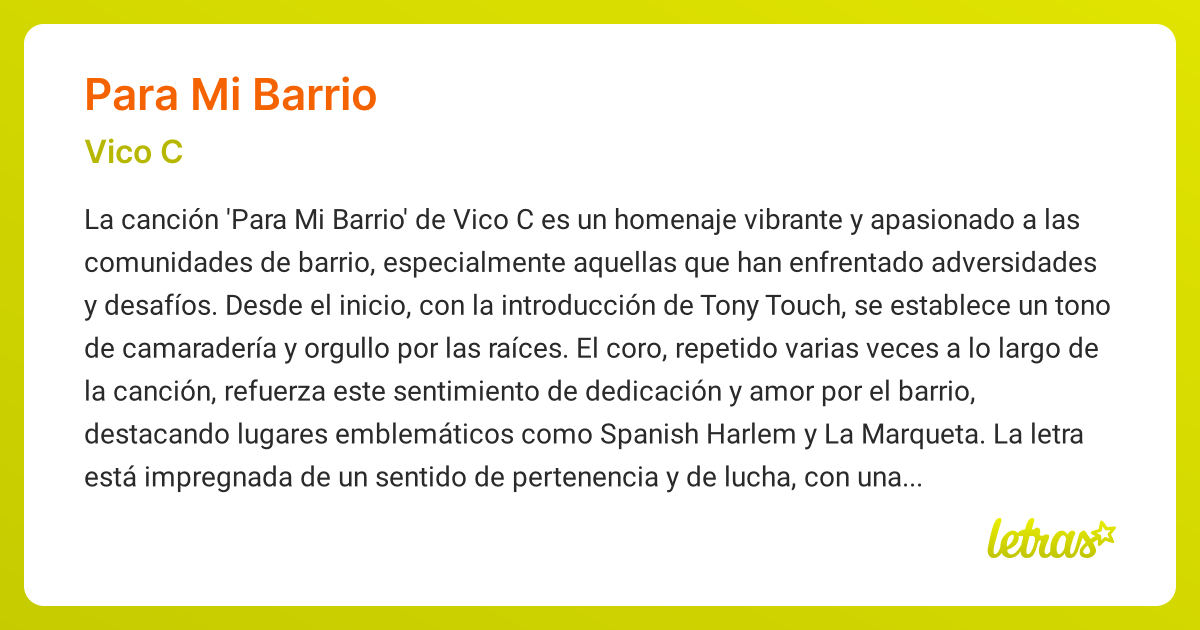 Significado de la canción PARA MI BARRIO (Vico C) - LETRAS.COM