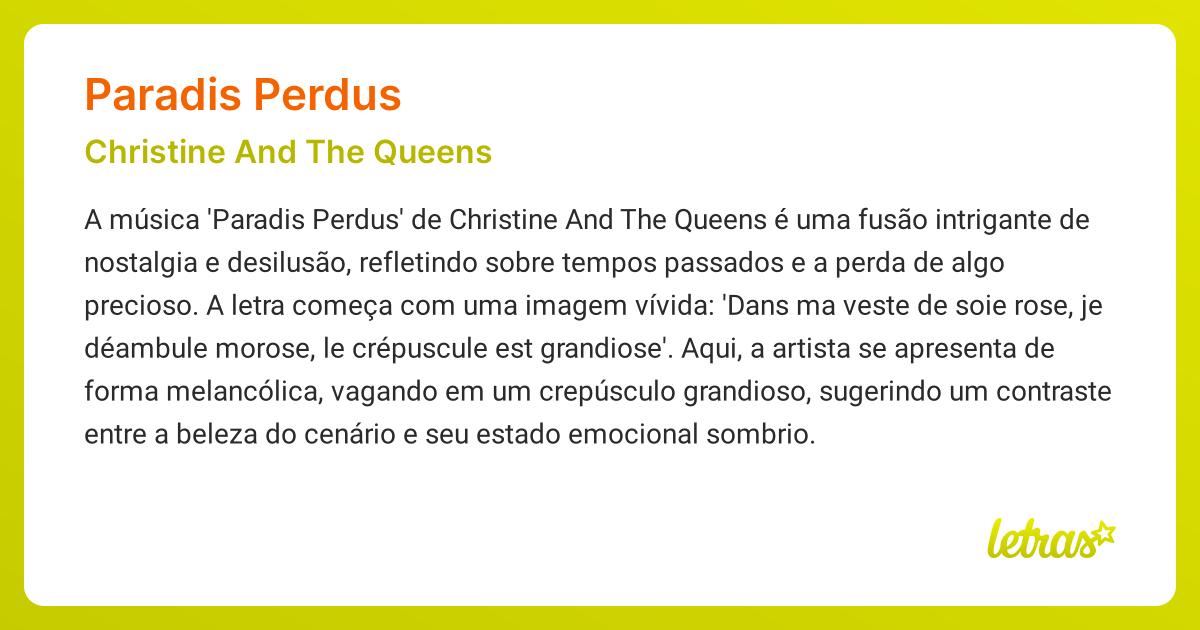 Significado da música PARADIS PERDUS (Christine And The Queens ...